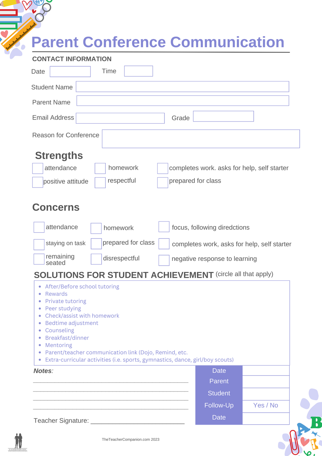 Parent Conference Form – The Teacher Companion